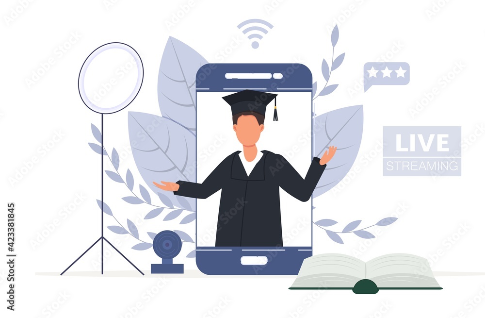 Online graduation ceremony live stream, happy smiling graduate student ...