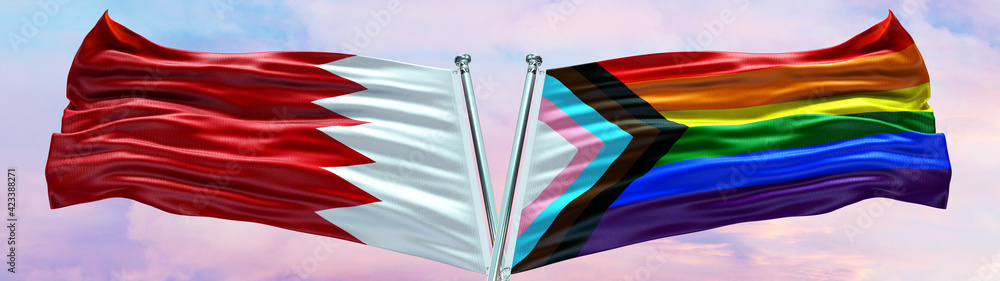 Bahrain Flag and New LGBT Rainbow Flag waving with texture Blue sky ...