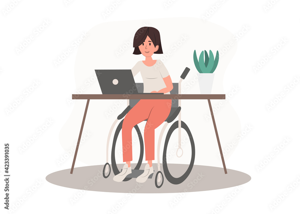Disabled wheelchair invalid woman working, studying on the laptop in ...