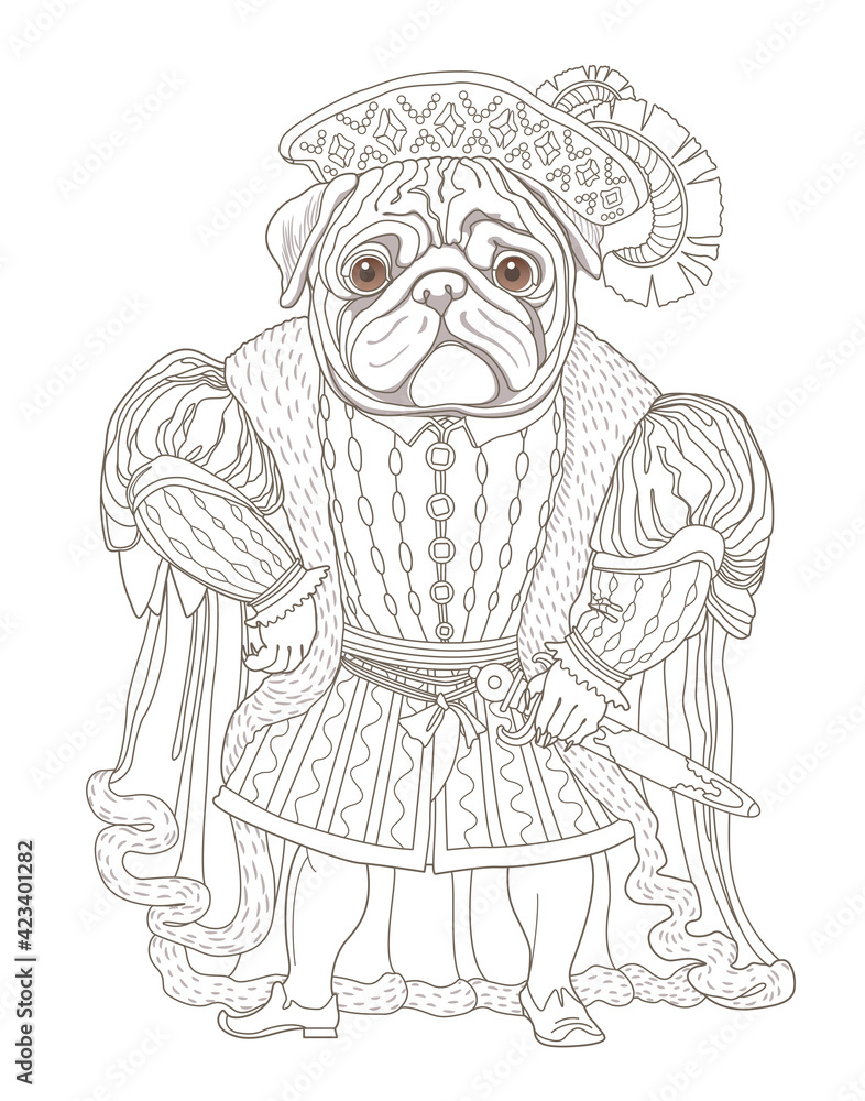 Fairy tale character of a pug dog dressed in a vintage Renaissance ...
