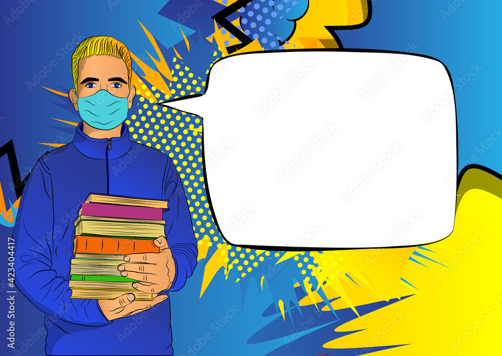 Male student, boy carrying a stack of books, wearing face mask. College ...