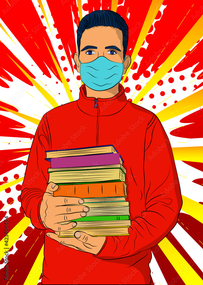 Male student, boy carrying a stack of books, wearing face mask. College ...
