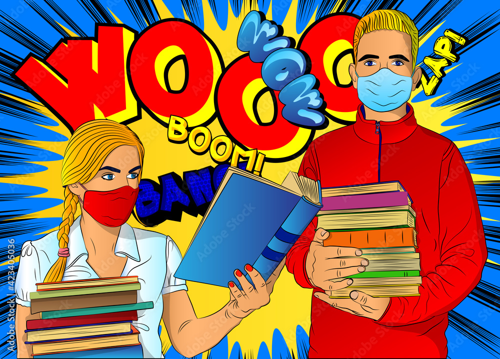 Male and female student, boy carrying a stack of books, girl reading ...
