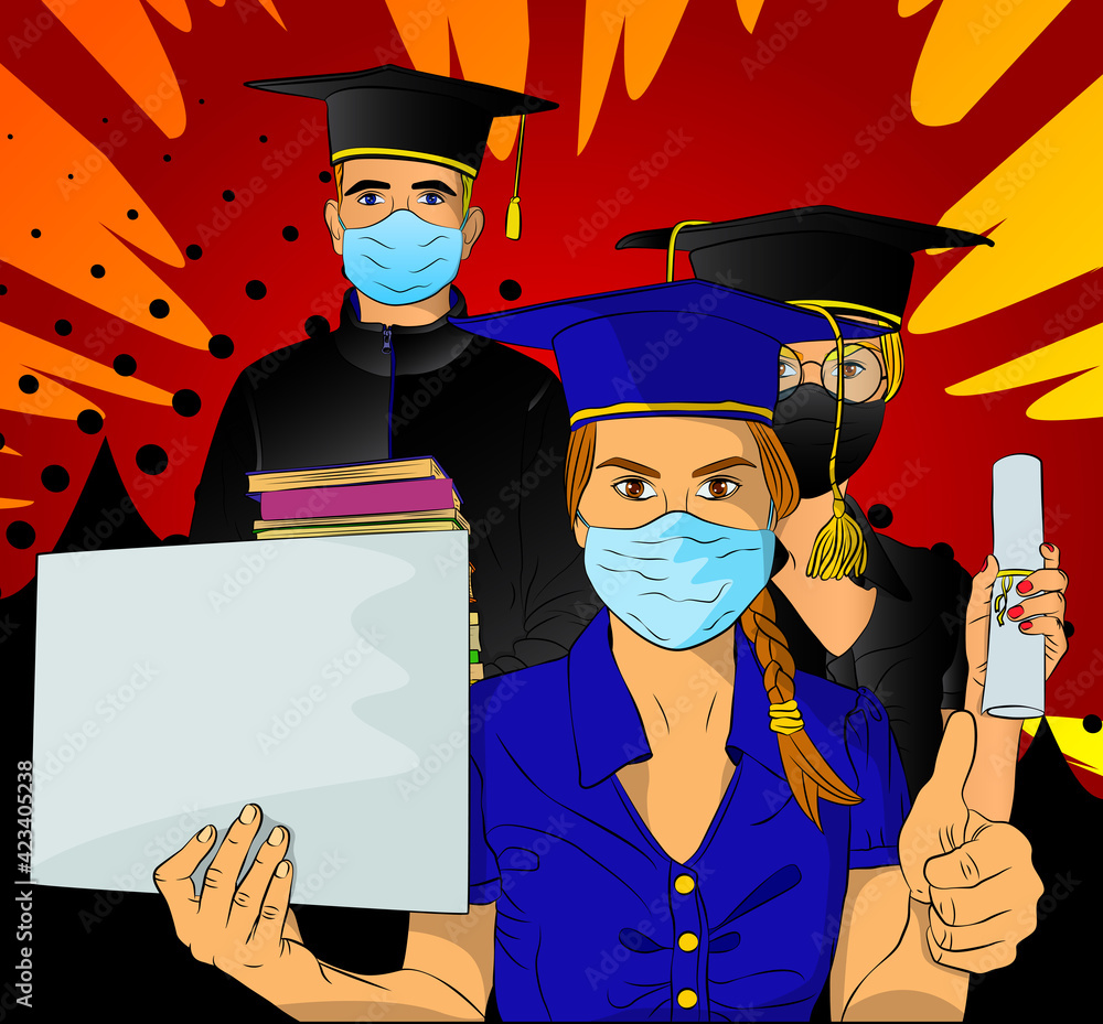 Male and female students in graduation gowns on university campus ...