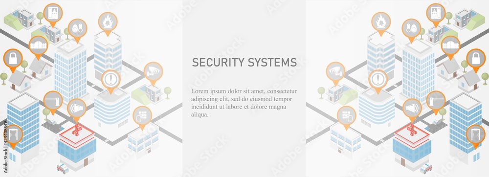Security systems cover, banner. Isometric city with security equipment ...