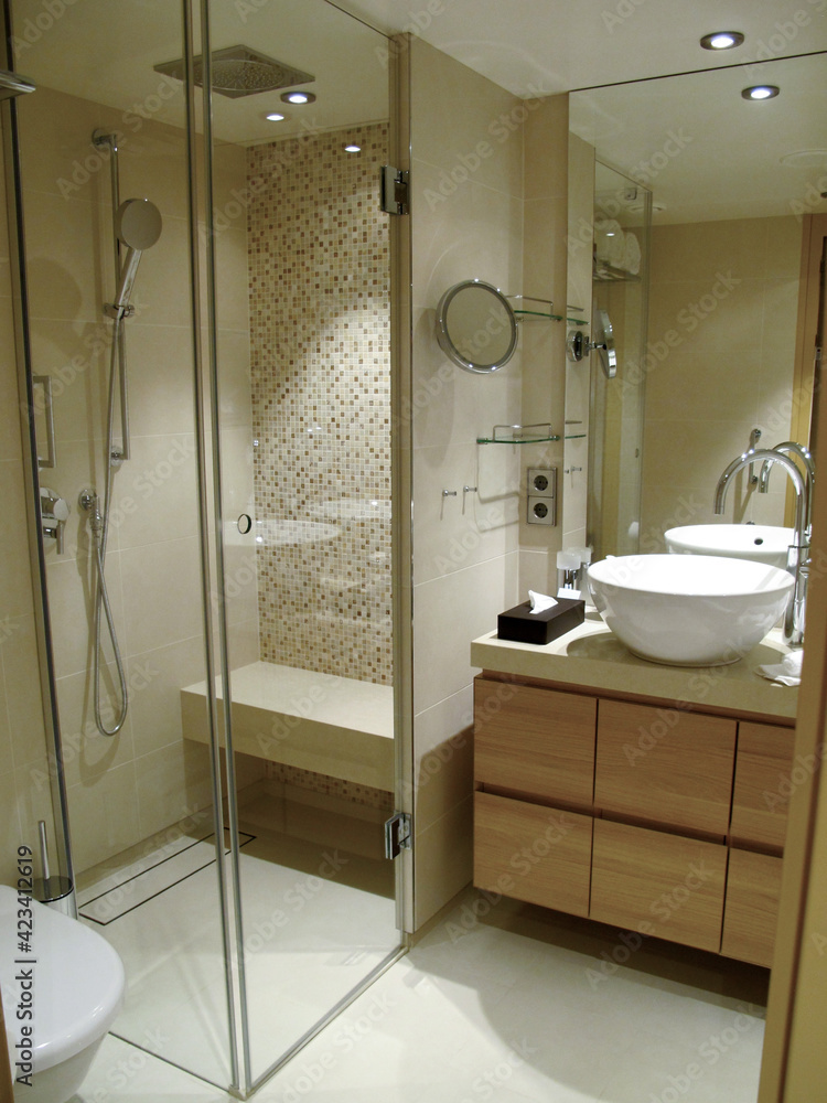 Modern design interiors inside bathroom with bathtub double vanity sink ...