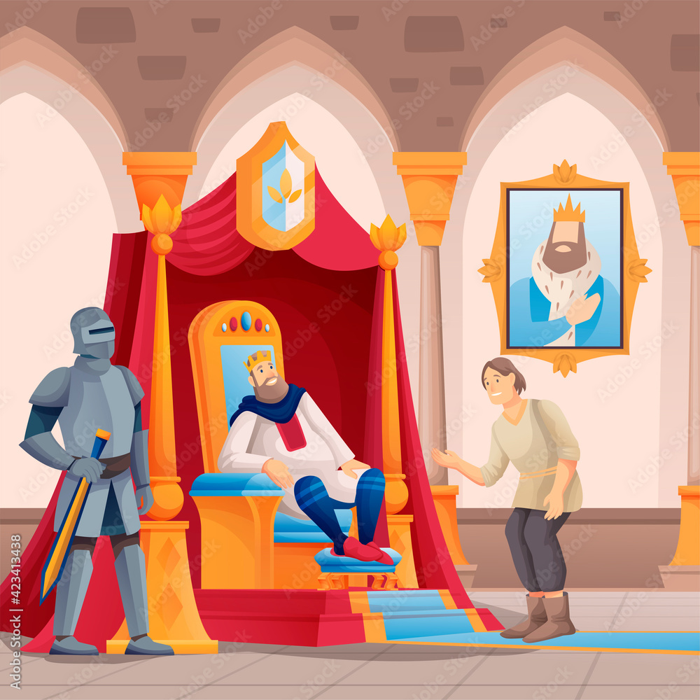 Royal people in castle scene. King sitting on throne, knight with sword ...