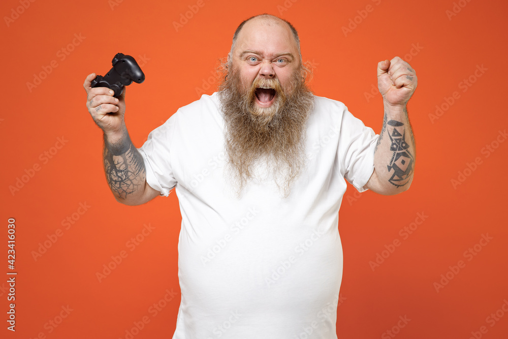 Fat pudge obese chubby overweight tattooed bearded man has big belly in ...