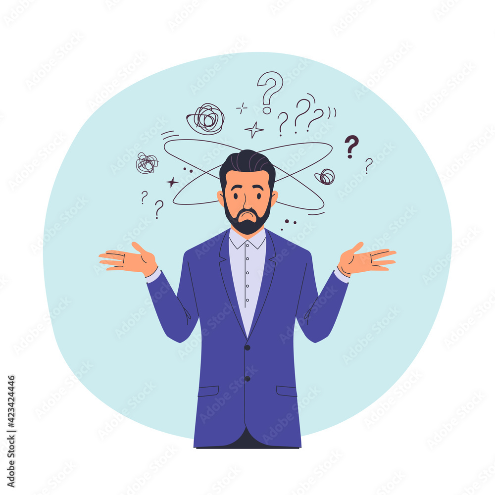 Confused businessman. Vector illustration of cartoon young adult man in ...