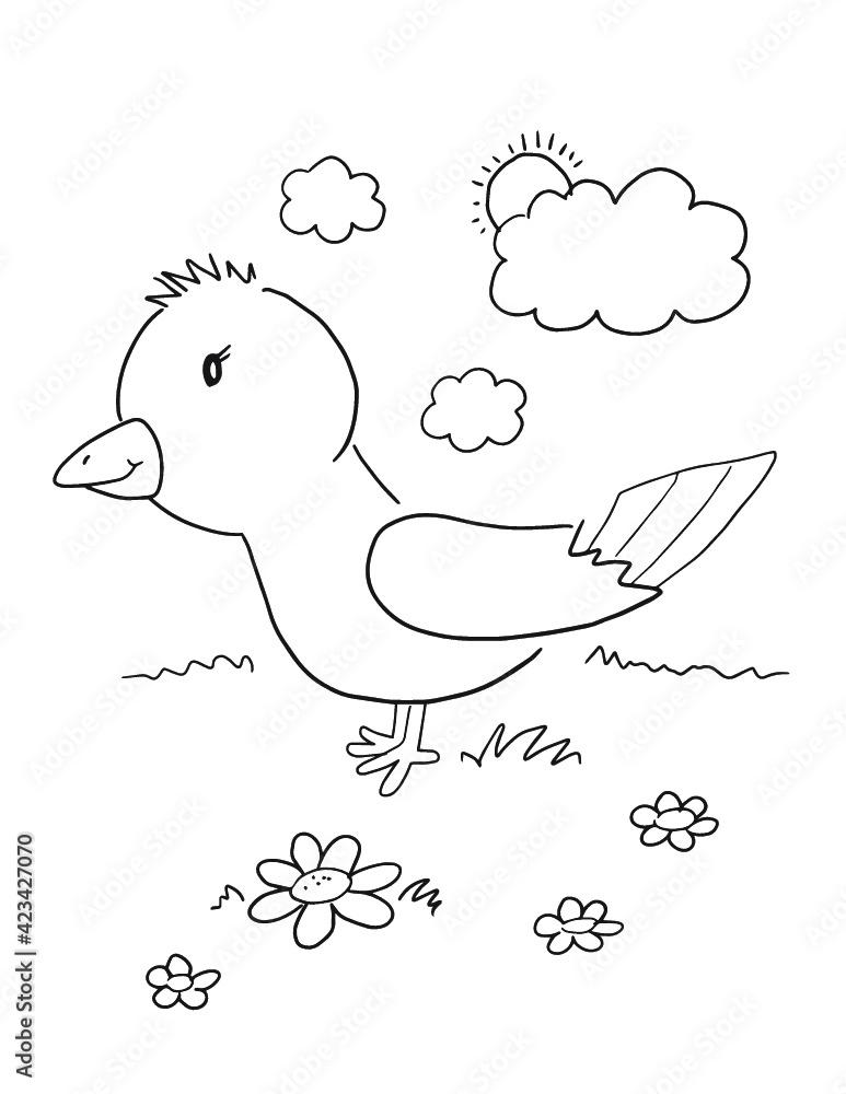 Cute Springtime Bird and flower Coloring Page Vector Illustration Art ...