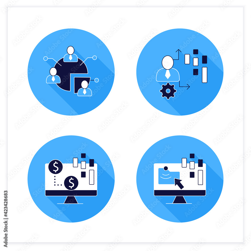 Customer data platform flat icons set. Audience segments, transactional ...
