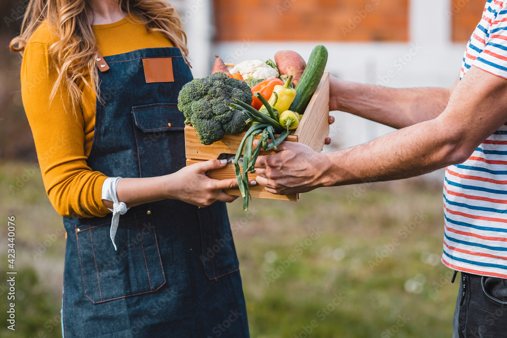 Organic local farmer giving veggies to shopper outside. Home Delivery ...