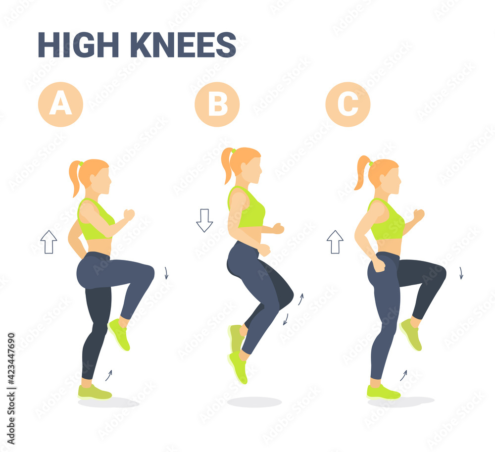 High knees exercise woman colorful cartoon vector illustration concept ...