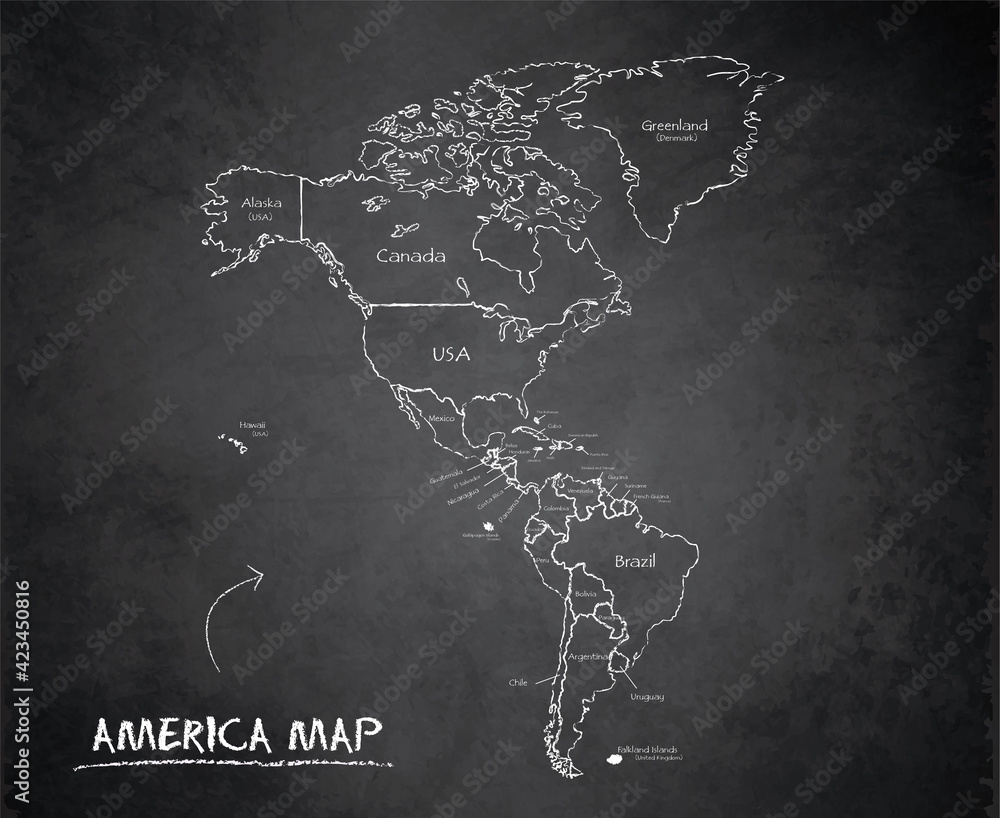 America map, separates states with names, design card blackboard ...