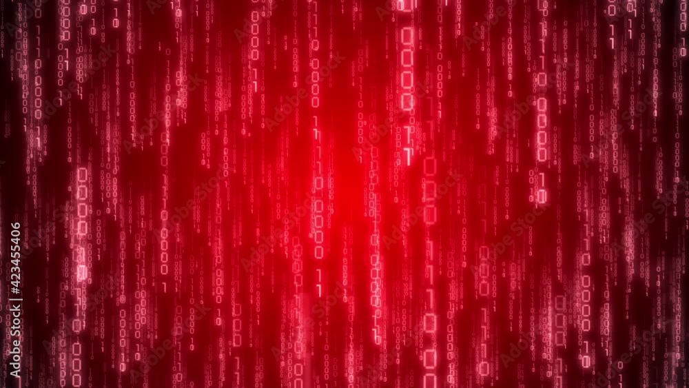 Red binary code falling down - matrix concept. Camera moves thorough ...