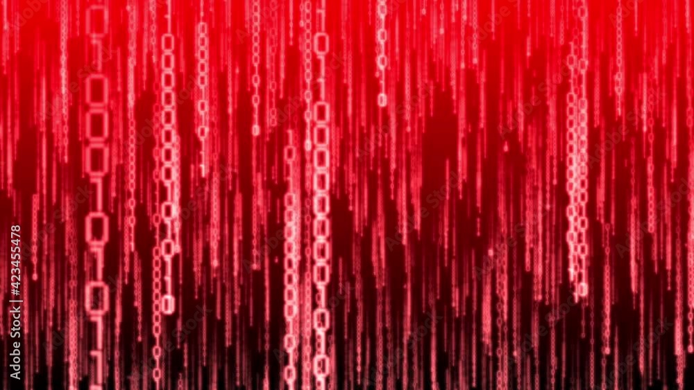 Red binary code falling down - matrix concept. Camera moves thorough falling digits, glow effect ...