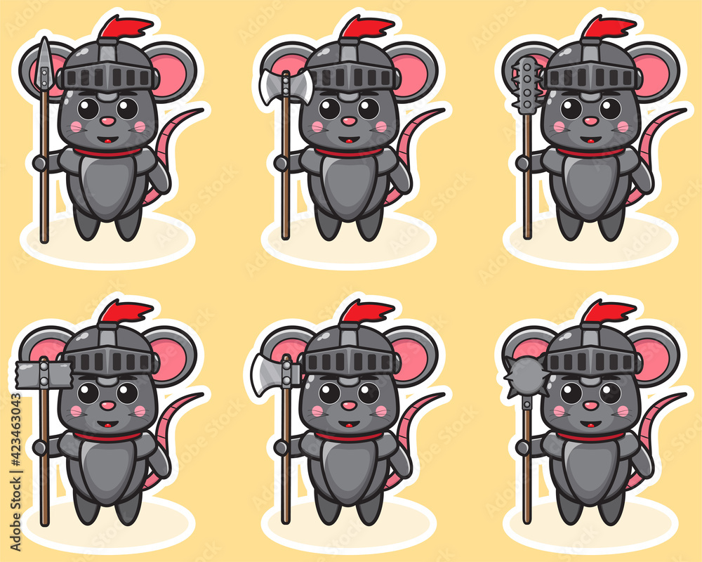 Vector illustration of cute Mouse Knight cartoon with big weapon. Cute ...