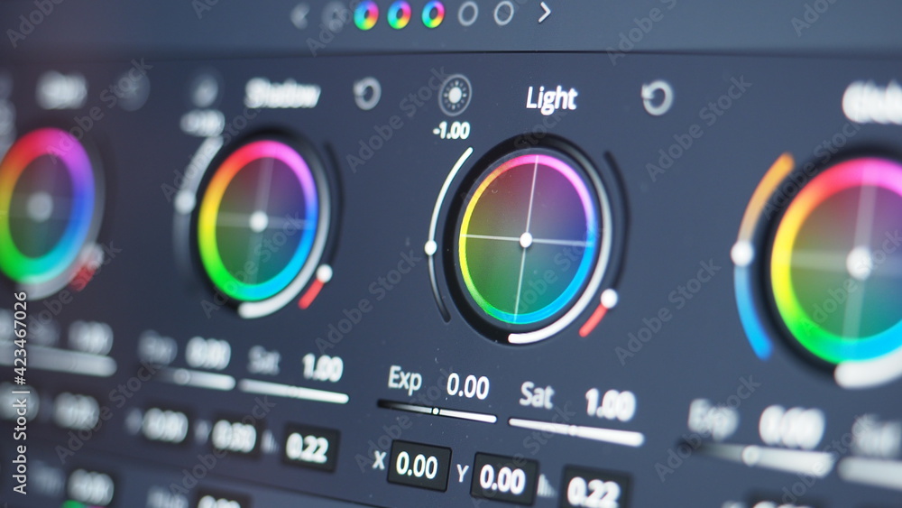 Color grading monitor. RGB colour correction indicator graph on screen ...