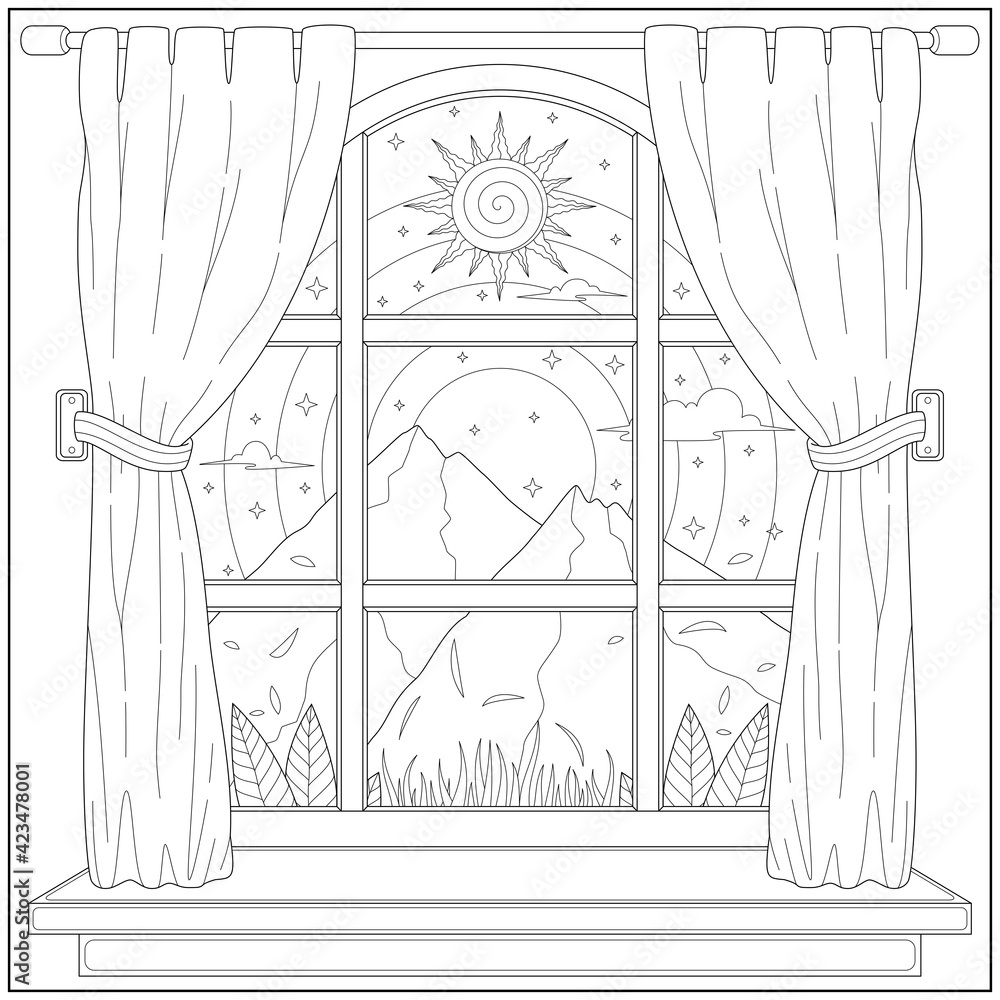 Beautiful mountain landscape view from house curtain. Learning and ...