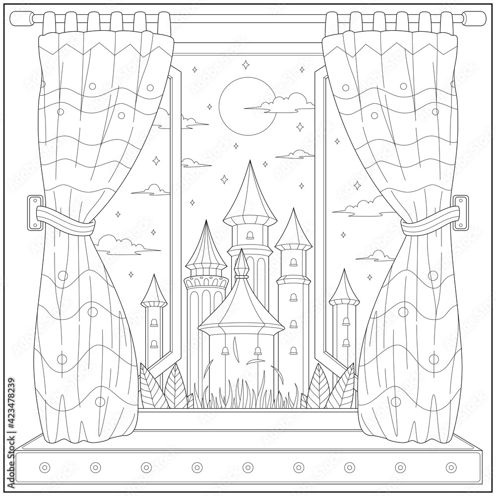 Kingdom castle view from house curtain in beautiful landscape. Learning ...