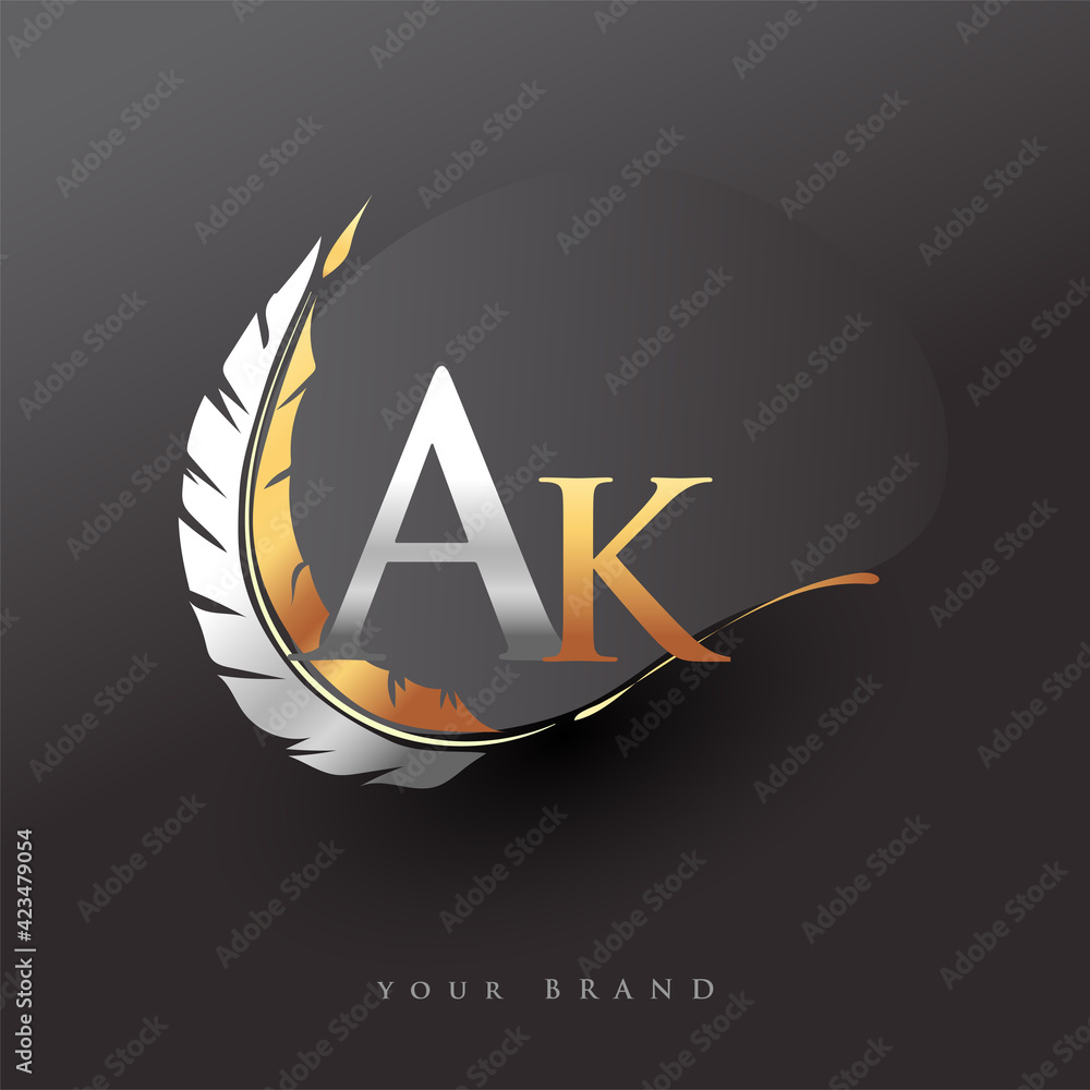 Initial letter AK logo with Feather Gold And Silver Color, Simple and ...