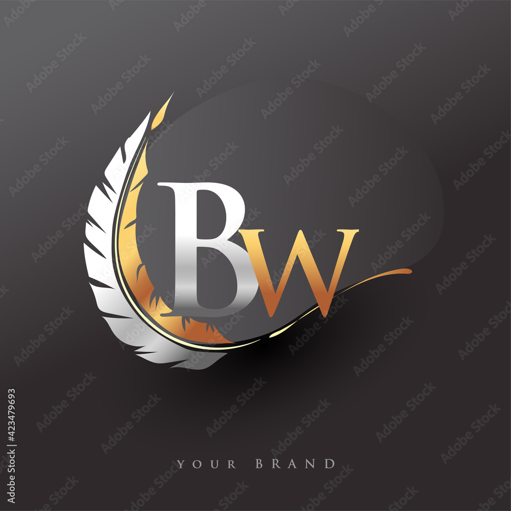 Initial letter BW logo with Feather Gold And Silver Color, Simple and ...