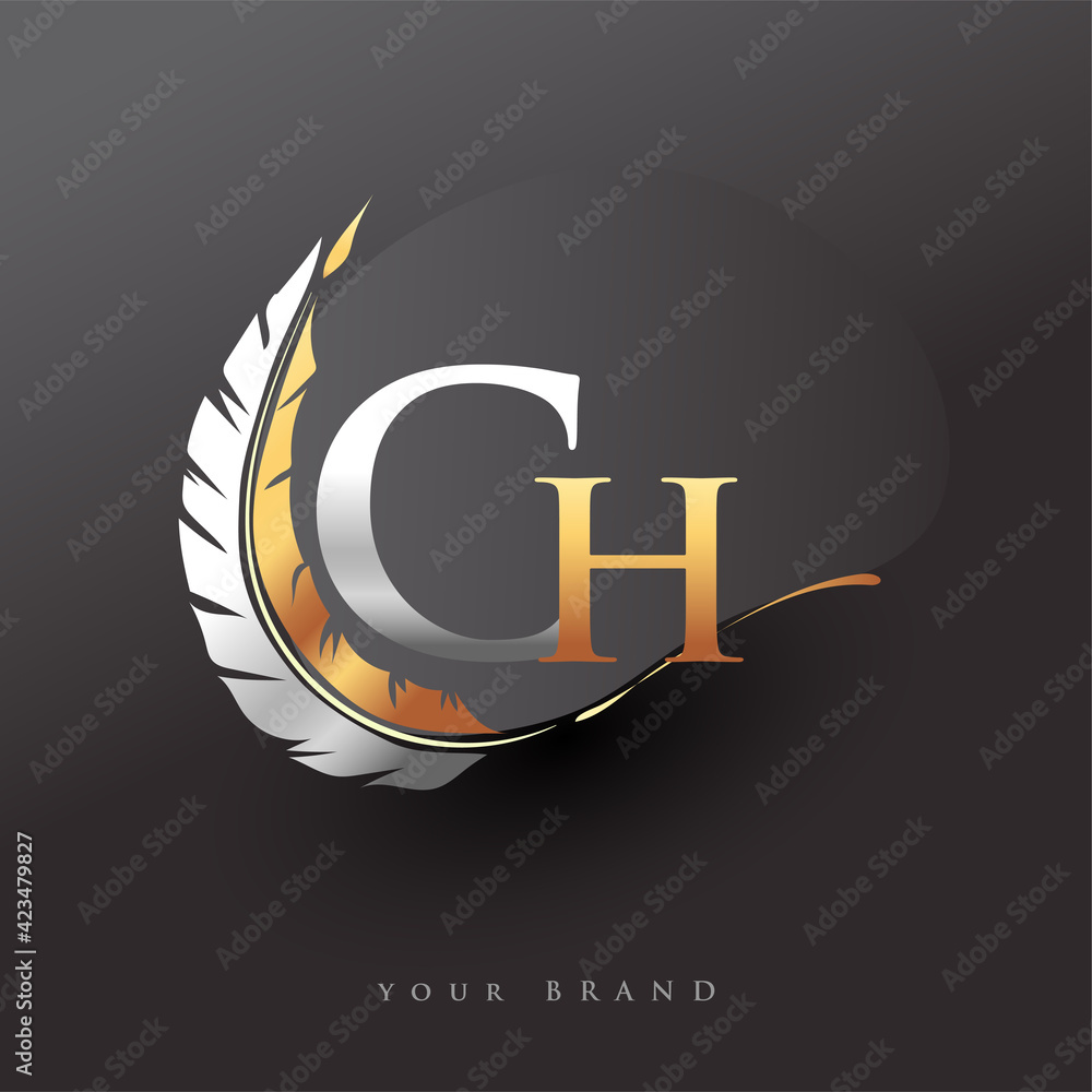 Initial letter CH logo with Feather Gold And Silver Color, Simple and ...