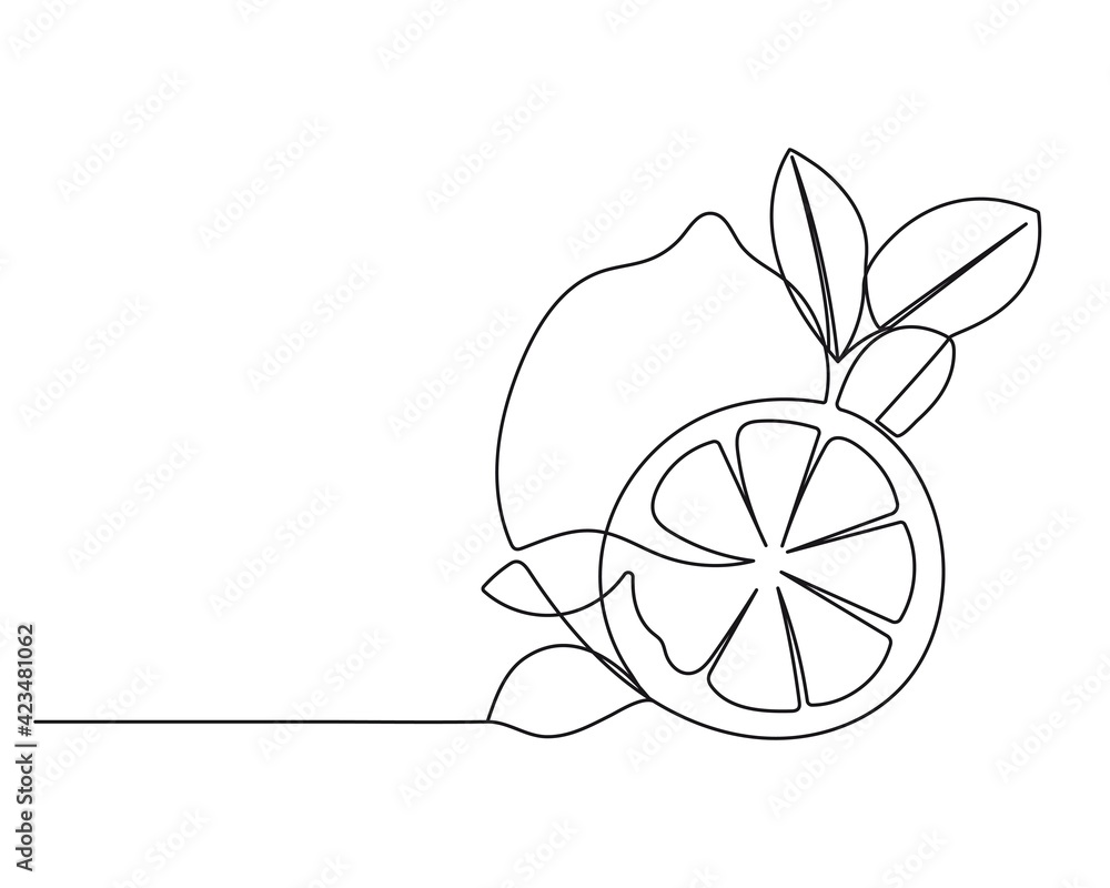 Vetor de Lemon with Leaves Continuous One Line Drawing. Black Line Fruit Sketch on White ...
