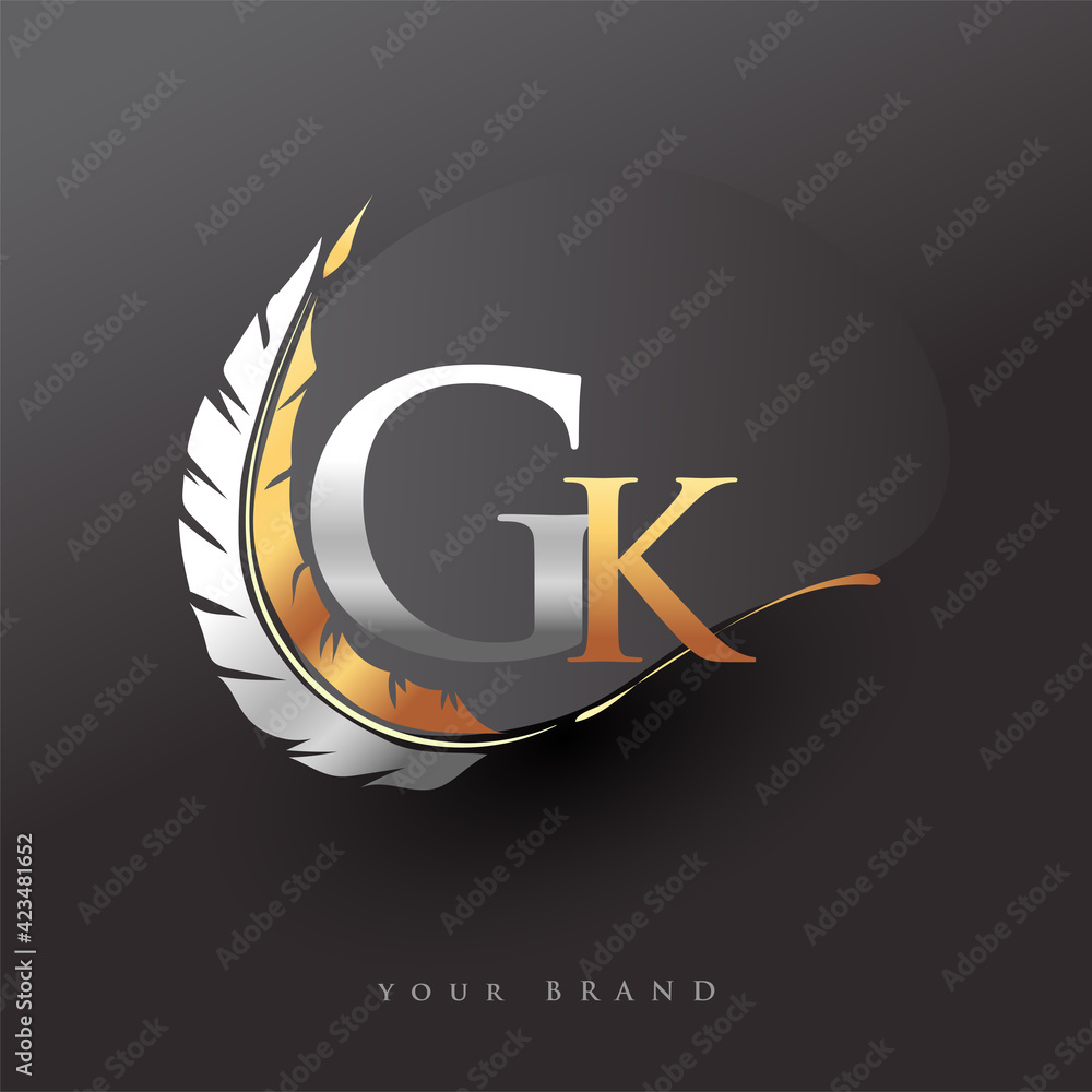 Initial letter GK logo with Feather Gold And Silver Color, Simple and ...