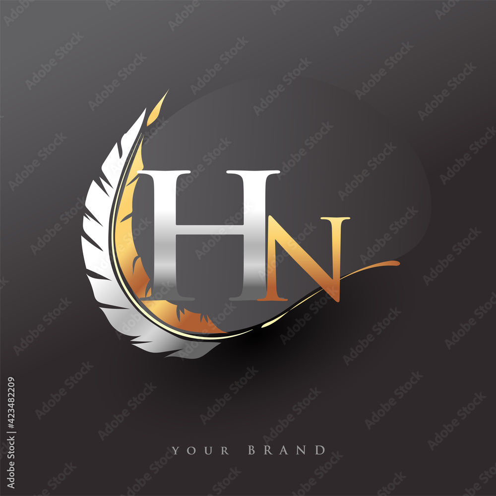 Initial letter HN logo with Feather Gold And Silver Color, Simple and ...
