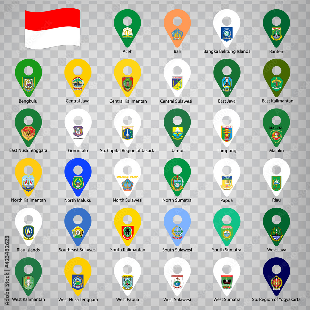 Thirty four flags the Provinces of Indonesia - alphabetical order with ...