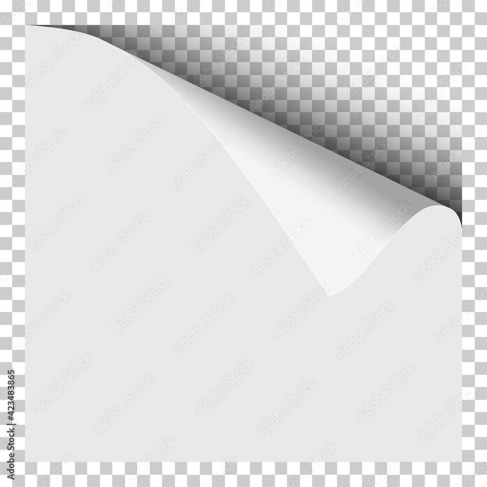 Sheet of white paper with curled corner, soft shadow and transparent ...