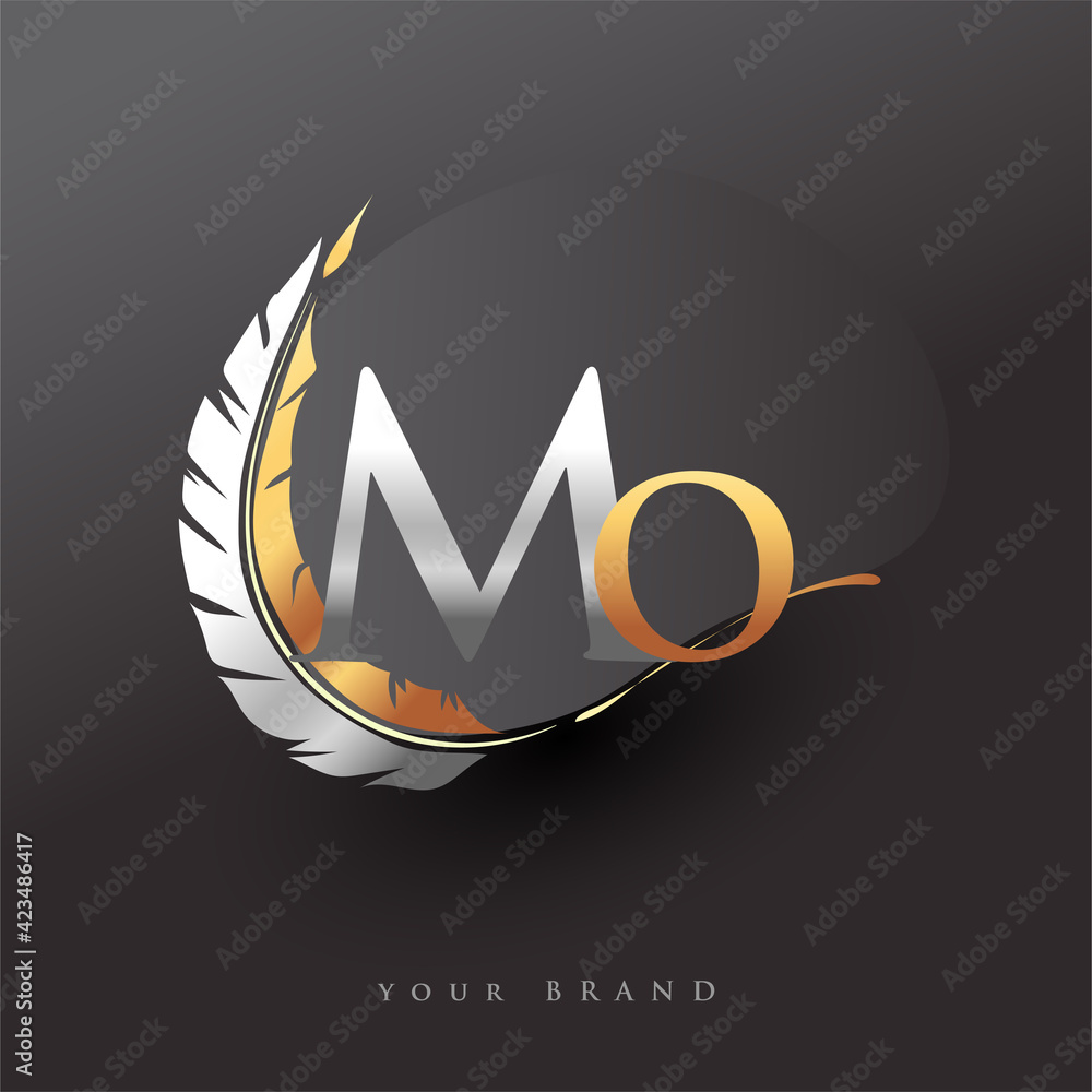 Vecteur Stock Initial letter MO logo with Feather Gold And Silver Color ...