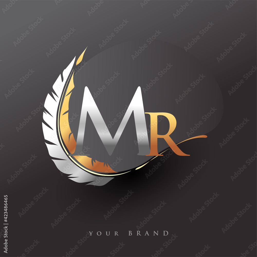 Initial letter MR logo with Feather Gold And Silver Color, Simple and ...
