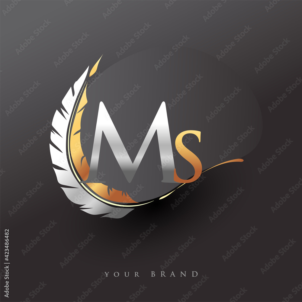 Initial letter MS logo with Feather Gold And Silver Color, Simple and ...