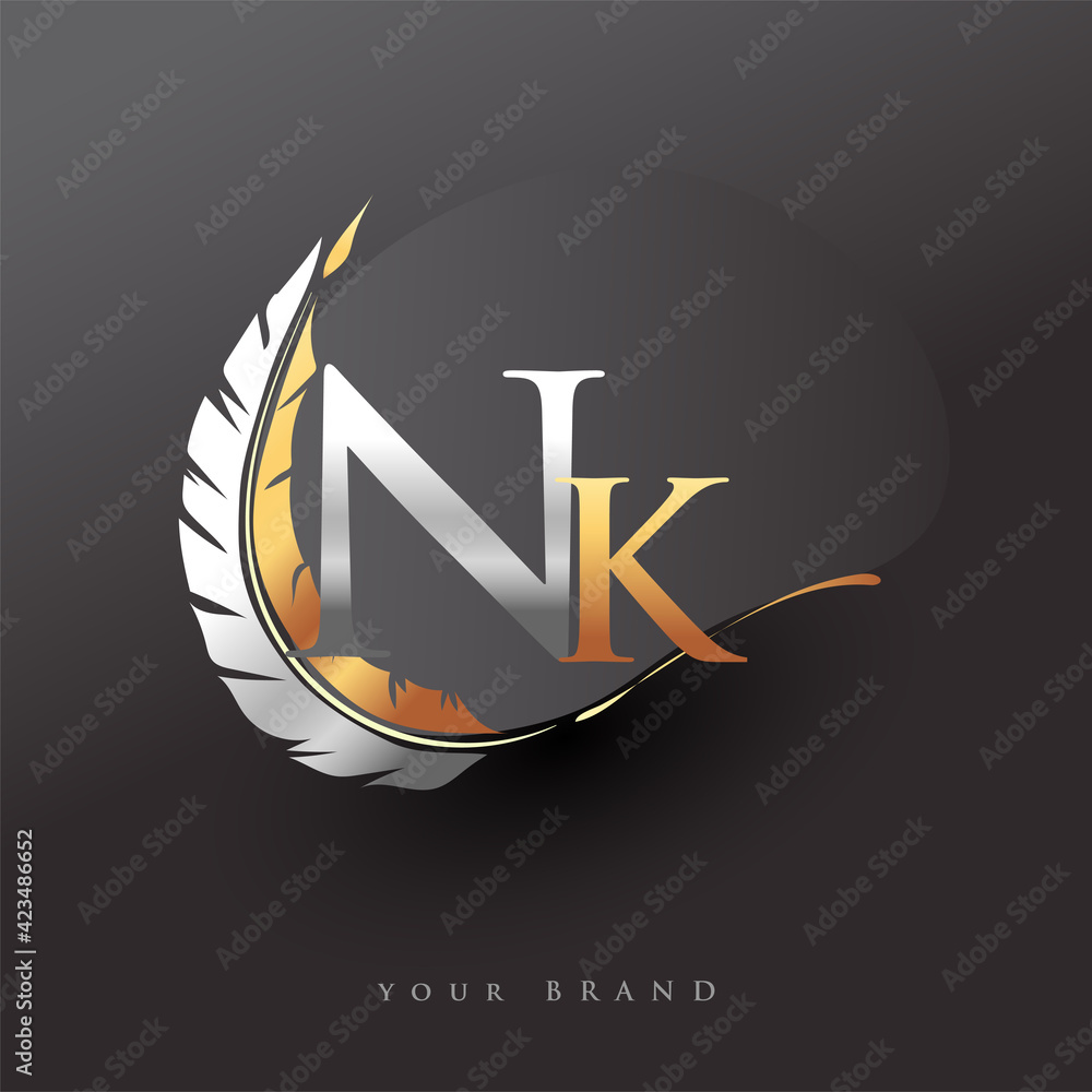 Initial letter NK logo with Feather Gold And Silver Color, Simple and ...