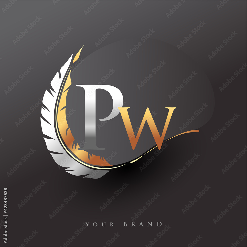 Initial Letter Pw Logo With Feather Gold And Silver Color Simple And Clean Design For Company