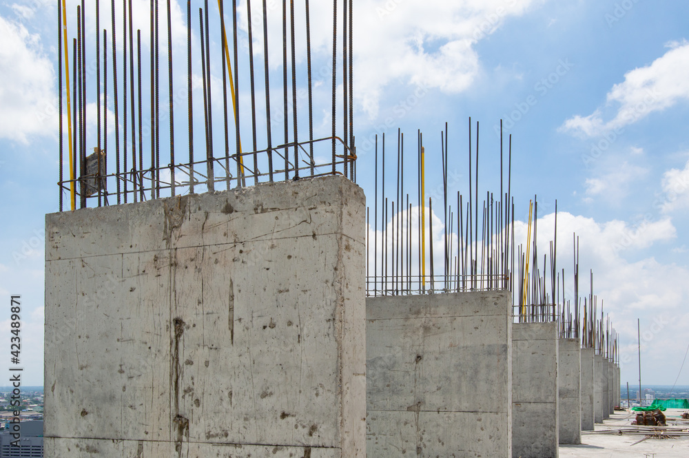 Steel reinforce in concrete column.Steel grid on the construction site ...
