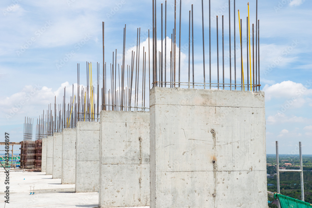 Steel reinforce in concrete column.Steel grid on the construction site ...
