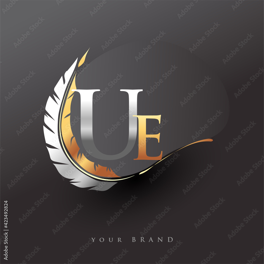Initial letter UE logo with Feather Gold And Silver Color, Simple and ...