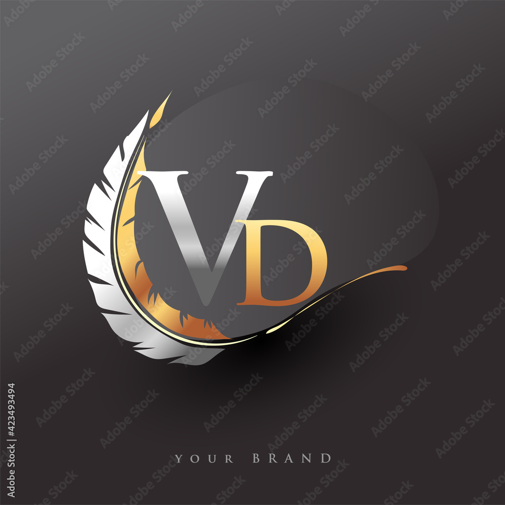 Initial letter VD logo with Feather Gold And Silver Color, Simple and ...