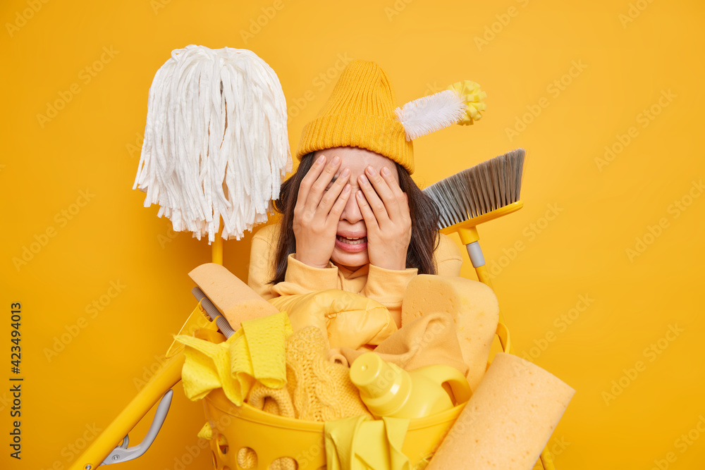 Tired upset distressed young woman doesnt want to clean house cries ...