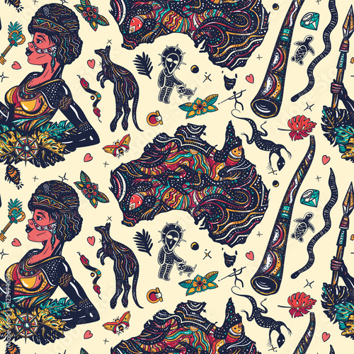 Australia seamless pattern. Ethnic Australian woman in traditional ...
