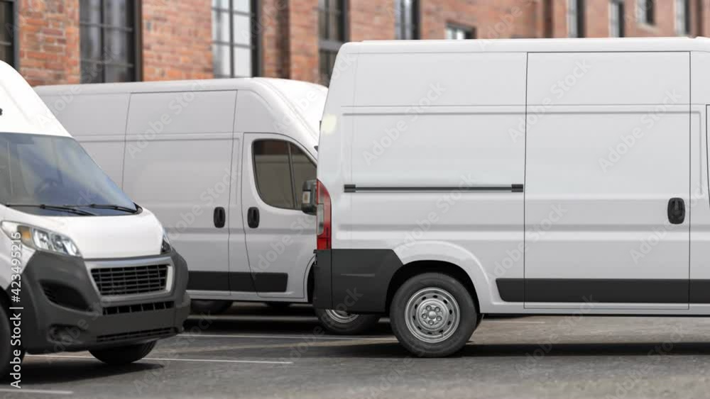 Delivery vans in a row; Express delivery; shipping service concept. 3d ...
