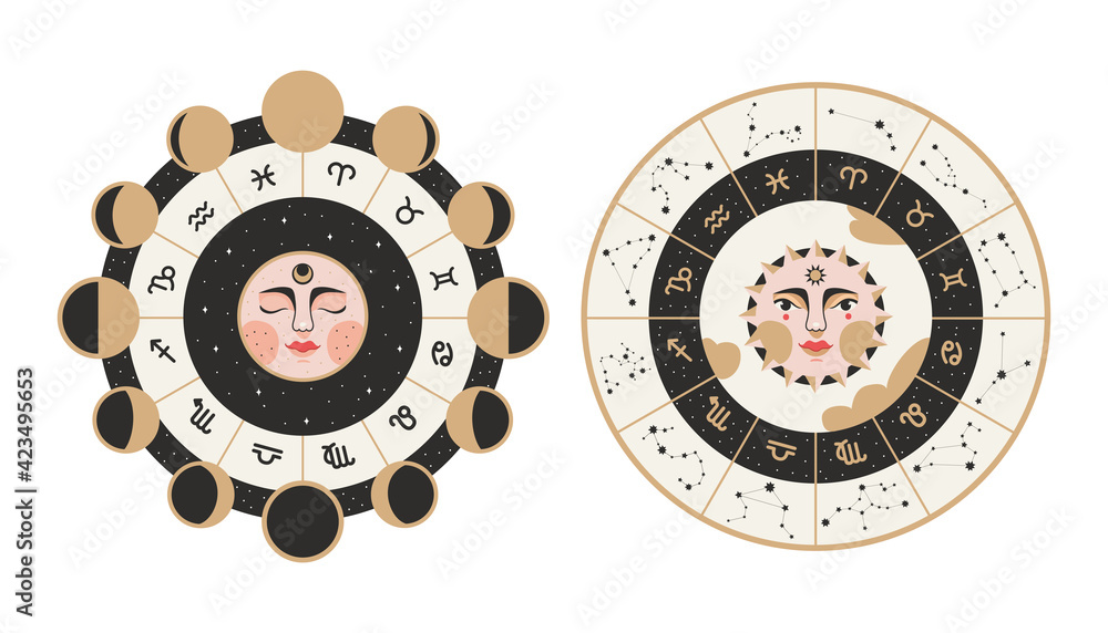 Vector illustration of moon phases circle with zodiac signs and sun ...