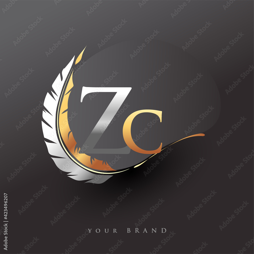 Initial letter ZC logo with Feather Gold And Silver Color, Simple and Clean Design For Company ...