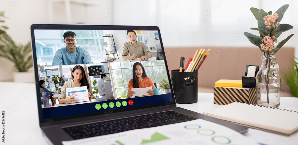 Video conference meeting from home.close up laptop screen ...