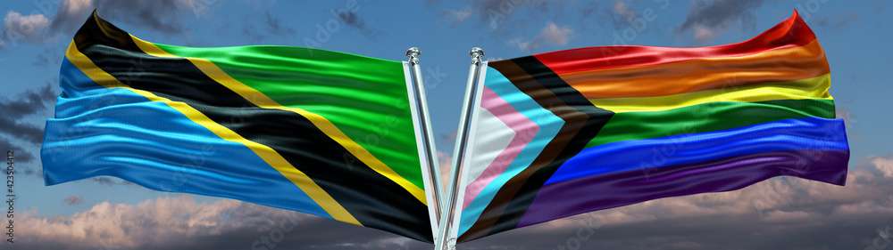 Tanzania Flag and New LGBT Flag waving with texture Blue sky could ...
