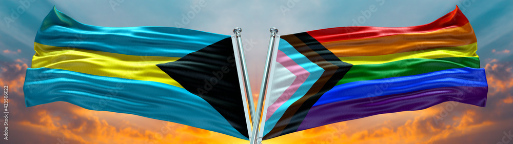Bahamas Flag and New LGBT Flag waving with texture Blue sky could ...