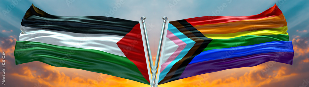 Palestine Flag and New LGBT Rainbow Flag waving with texture Blue sky ...